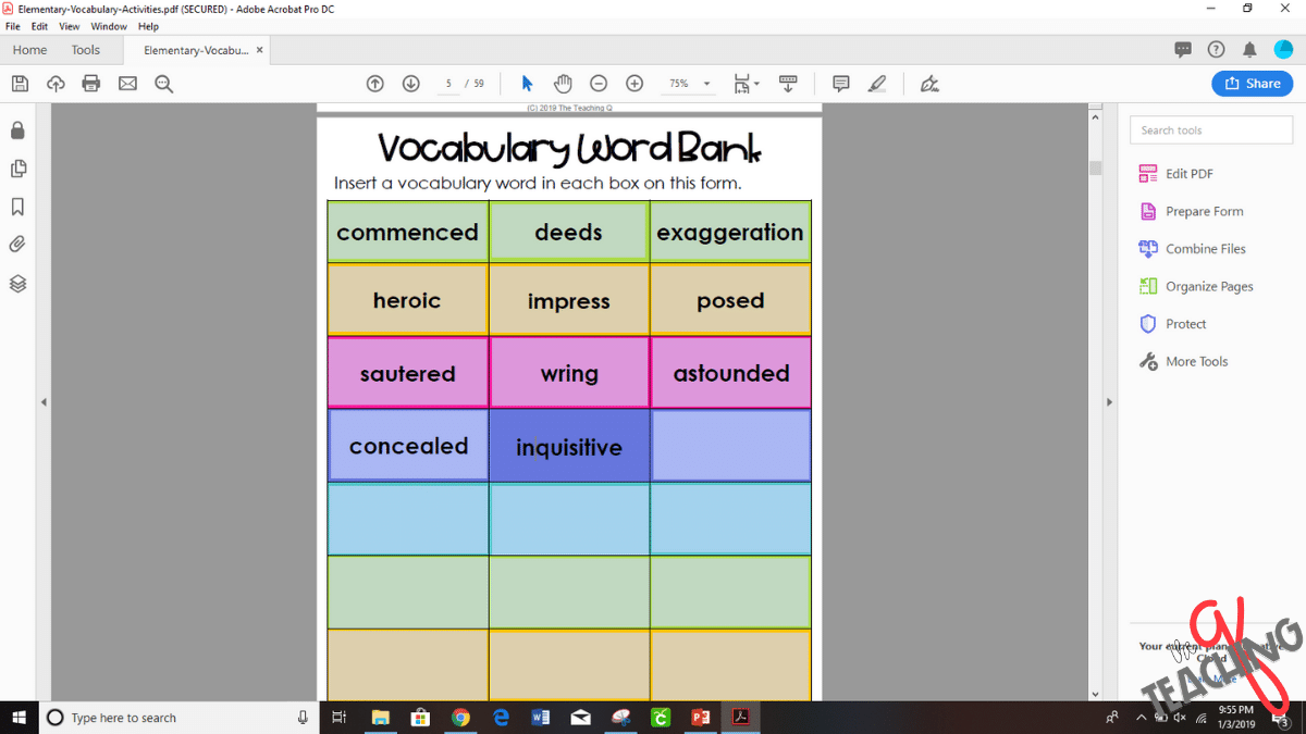 The Teaching Q vocabulary activities for elementary students